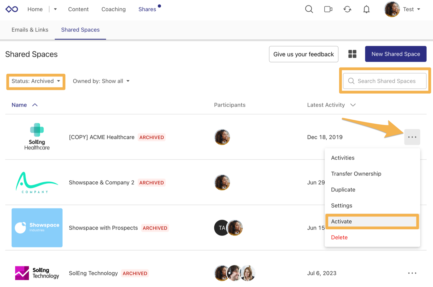 Archive and delete Shared Spaces – Showpad Help Center