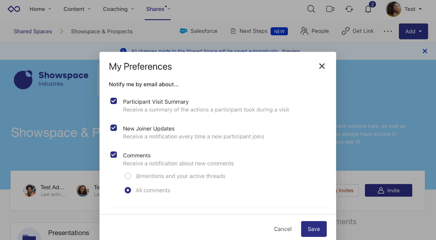 Configure Shared Spaces notifications – Showpad Help Center