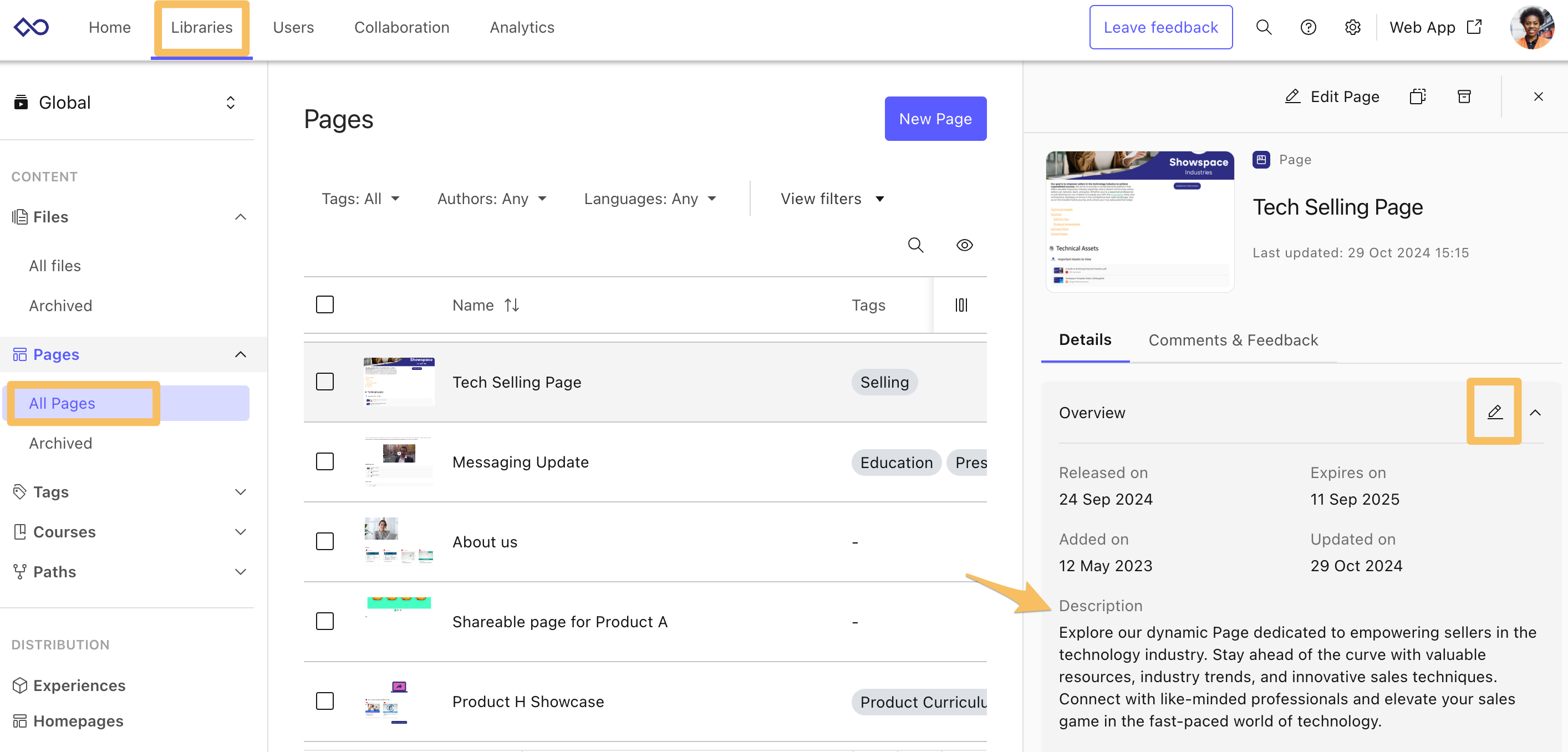 Add a Page description – Showpad Help Center