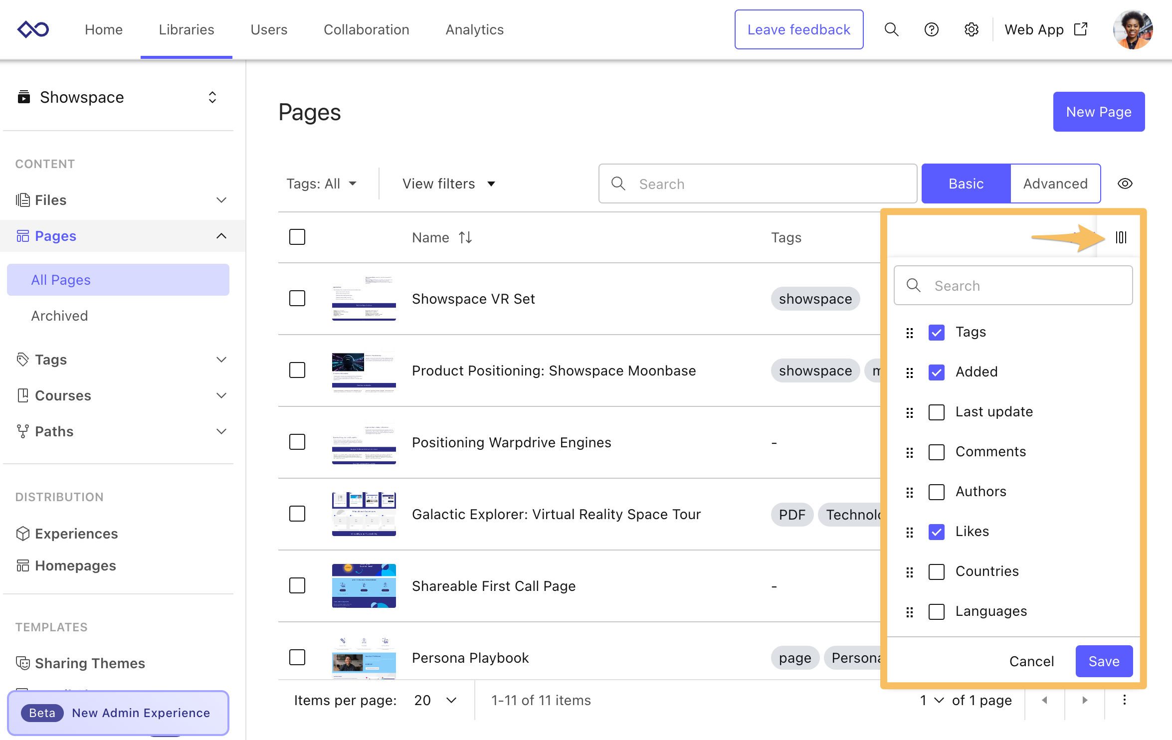Customize columns in your Pages library view – Showpad Help Center