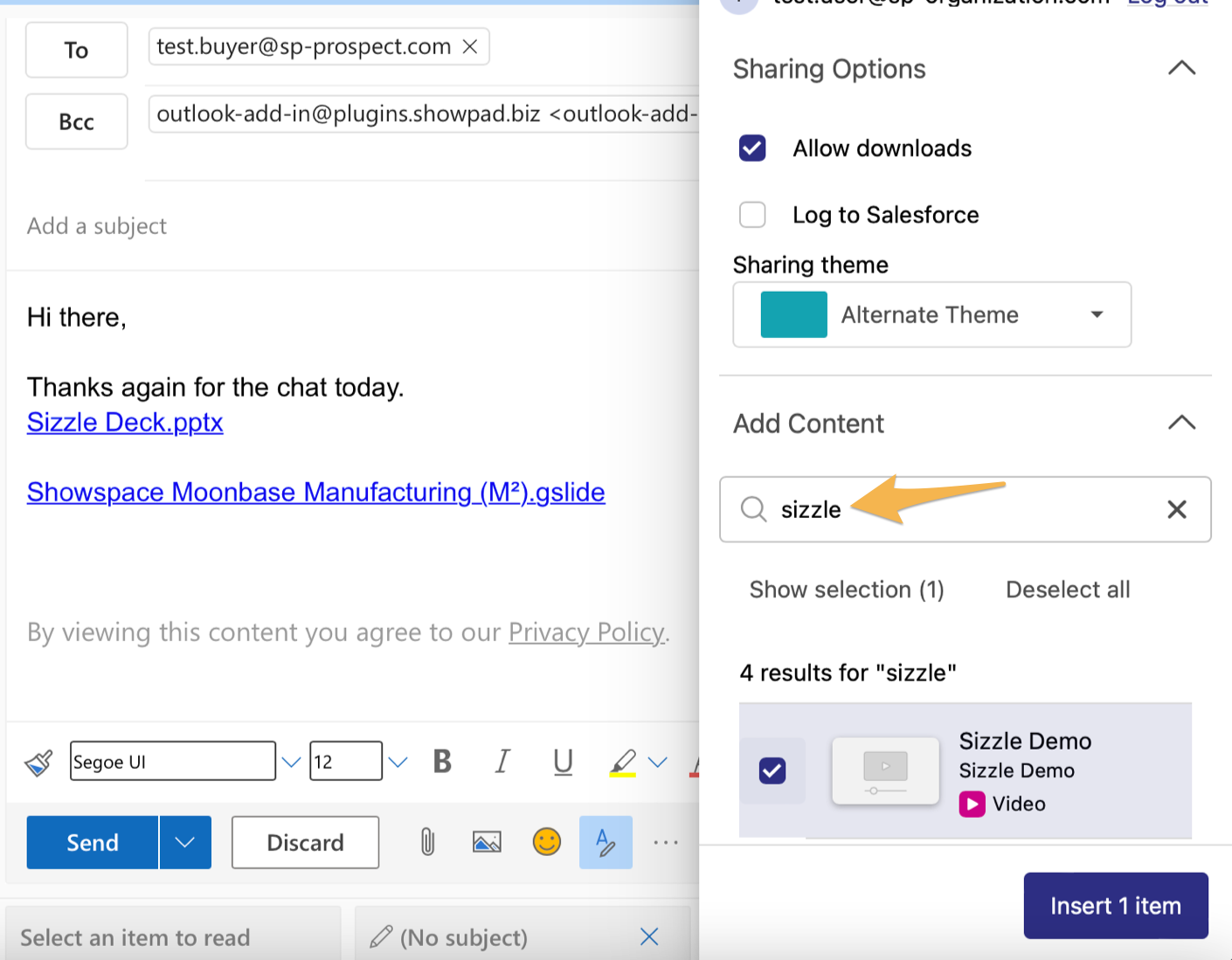 Teilen mit dem Showpad for Outlook 365 Add-In – Showpad Help Center - German